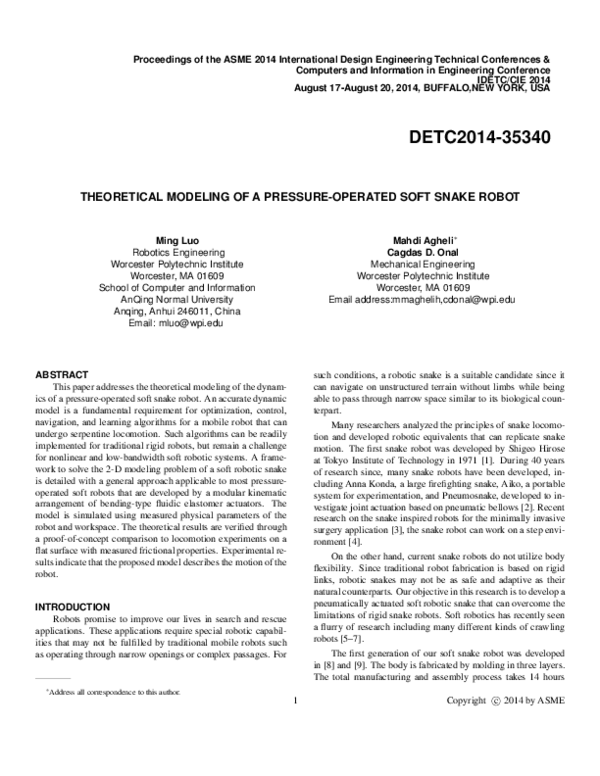 (PDF) Theoretical Modeling of a Pressure-Operated Soft Snake Robot