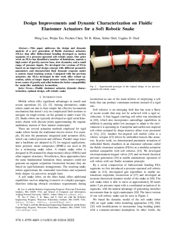 Pdf Design Improvements And Dynamic Characterization On Fluidic Elastomer Actuators For A Soft