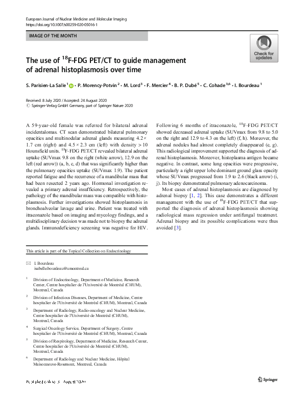 (PDF) The use of 18F-FDG PET/CT to guide management of adrenal histoplasmosis over time