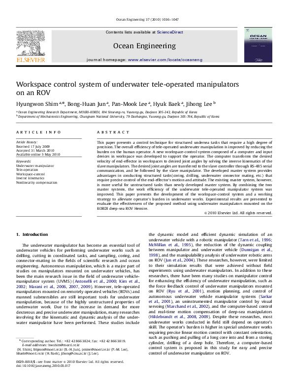 (PDF) Workspace control system of underwater tele-operated manipulators on an ROV