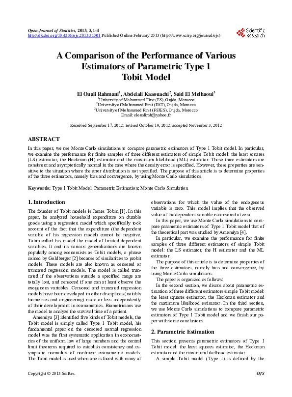 (PDF) A Comparison of the Performance of Various Estimators of Parametric Type1 Tobit Model ...
