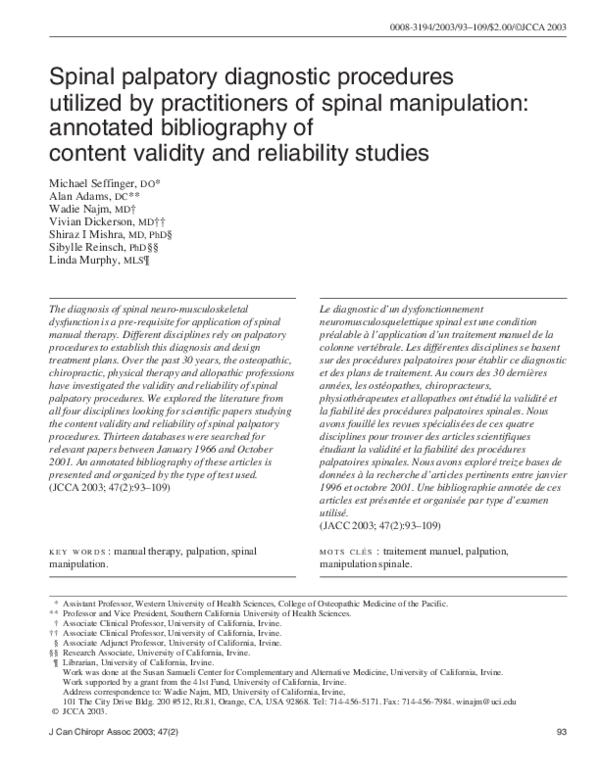 (PDF) Spinal palpatory diagnostic procedures utilized by practitioners of spinal manipulation ...