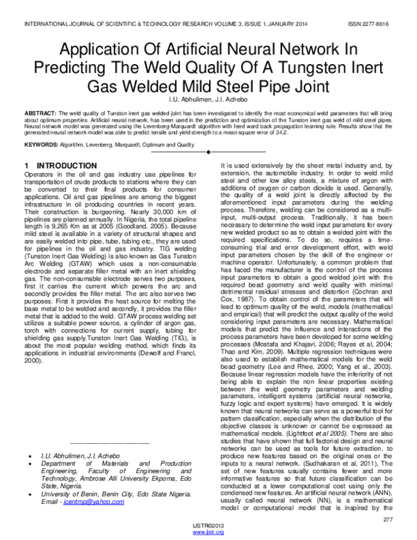 (PDF) Application Of Artificial Neural Network In Predicting The Weld Quality Of A Tungsten ...