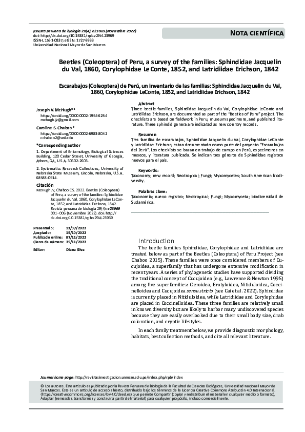 (PDF) Beetles (Coleoptera) of Peru, a survey of the families