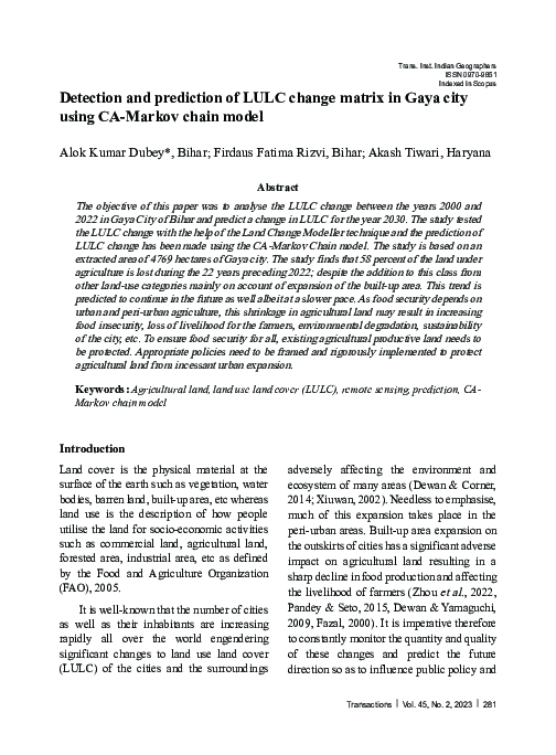 (PDF) Detection and prediction of LULC change matrix in Gaya city using CA-Markov chain model