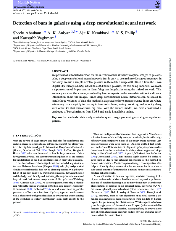 Pdf Detection Of Bars In Galaxies Using A Deep Convolutional Neural Network