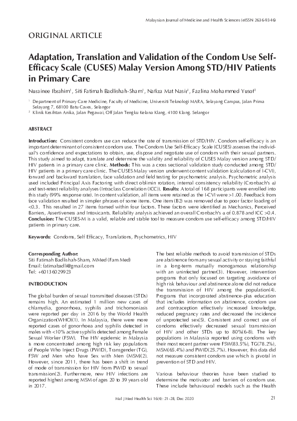 (PDF) Adaptation, translation and validation of the condom use self- efficacy scale (CUSES ...