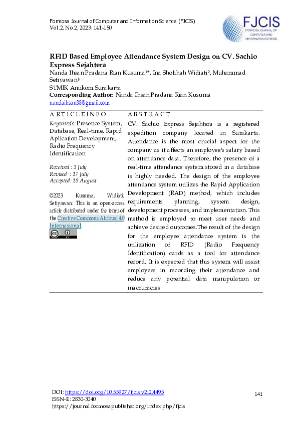 (PDF) RFID Based Employee Attendance System Design on CV. Sachio ...