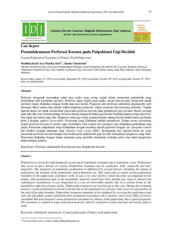 (PDF) Penatalaksanaan Perforasi Korona pada Pulpektomi Gigi Decidui
