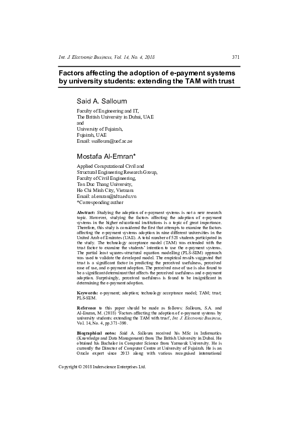(PDF) Factors affecting the adoption of e-payment systems by university students: extending the ...