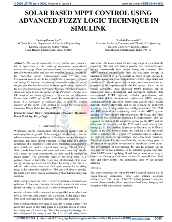 Pdf Solar Based Mppt Control Using Advanced Fuzzy Logic Technique In Simulink Shailesh M 8496