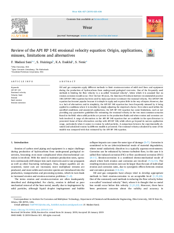(PDF) Review of the API RP 14E Erosional Velocity Equation: Origin ...