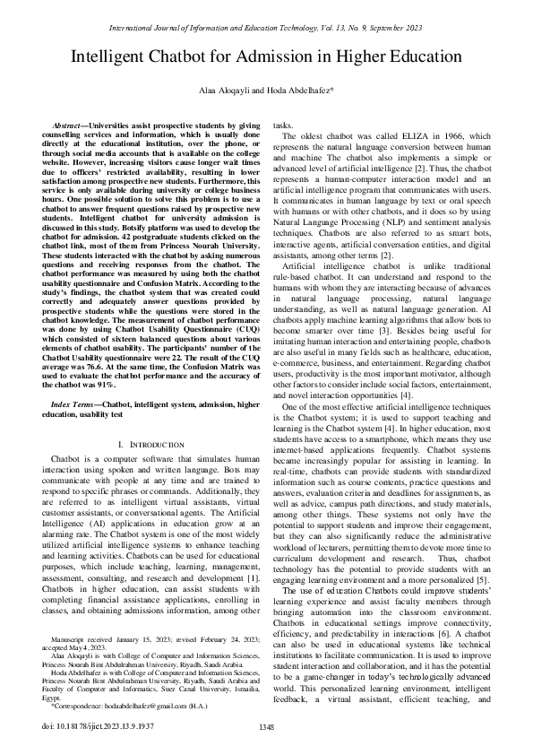 (PDF) Intelligent Chatbot for Admission in Higher Education