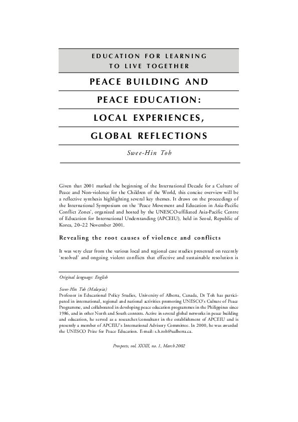 (PDF) Peace Building and Peace Education: Local Experiences, Global ...
