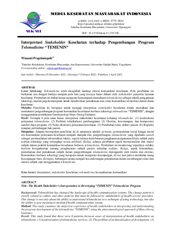 (PDF) Interpretasi Stakeholder Kesehatan terhadap Pengembangan Program Telemedicine “TEMENIN”