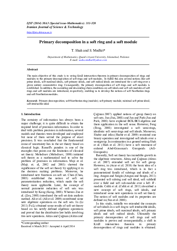 (PDF) Primary decomposition in a soft ring and a soft module