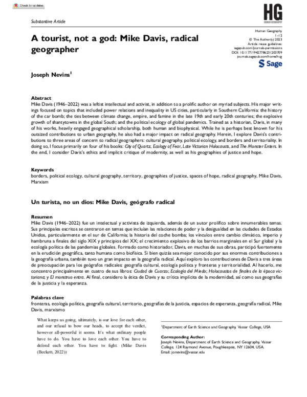(PDF) "A Tourist, Not a God: Mike Davis, Radical Geographer," Human ...