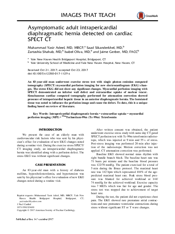 (PDF) Asymptomatic adult intrapericardial diaphragmatic hernia detected on cardiac SPECT CT