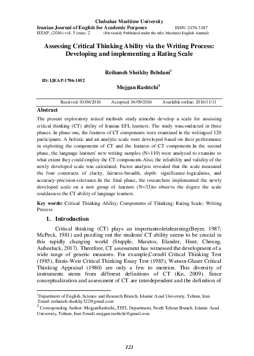 Pdf Assessing Critical Thinking Ability Via The Writing Process Developing And Implementing A