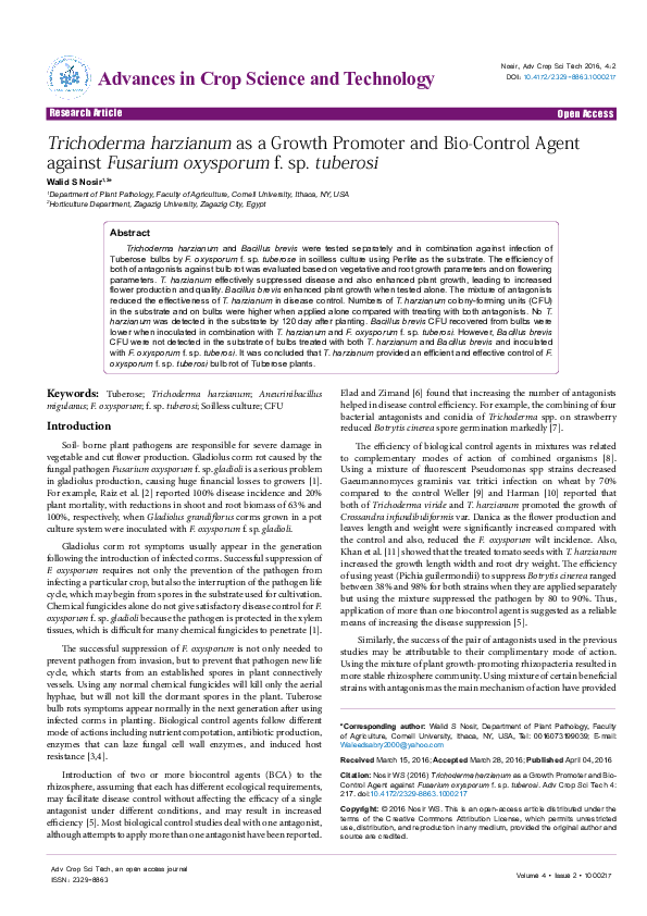 (PDF) Trichoderma harzianum as a Growth Promoter and Bio-Control Agent against Fusarium ...