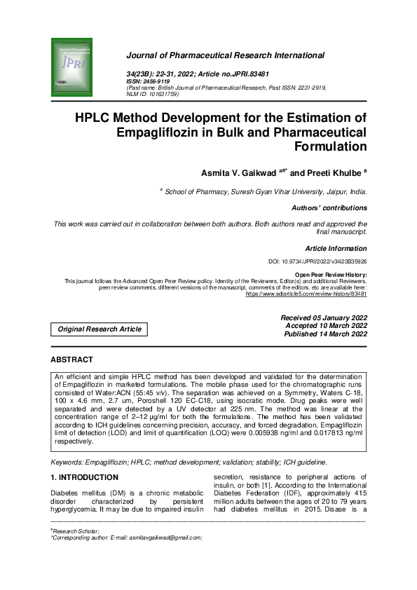 (PDF) HPLC Method Development for the Estimation of Empagliflozin in Bulk and Pharmaceutical ...