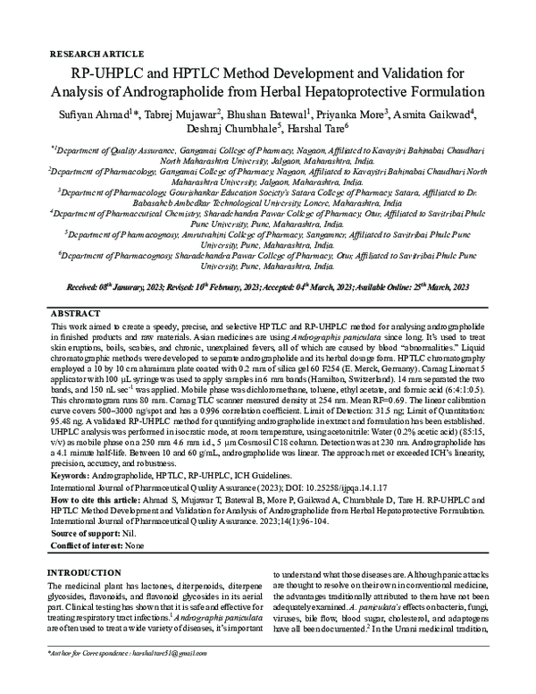 (PDF) RP-UHPLC and HPTLC Method Development and Validation for Analysis of Andrographolide from ...