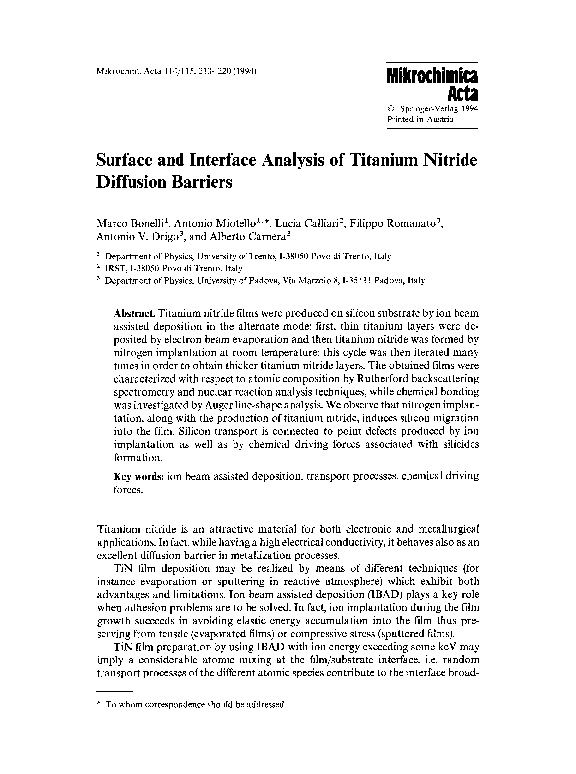 (PDF) Surface and interface analysis of titanium nitride diffusion barriers