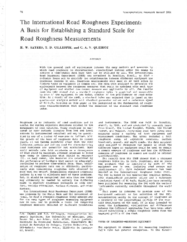 (PDF) The International Road Roughness Experiment: A Basis for ...
