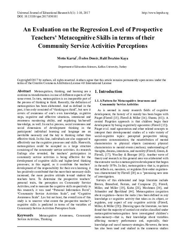 (PDF) An Evaluation on the Regression Level of Prospective Teachers' Metacognitive Skills in ...