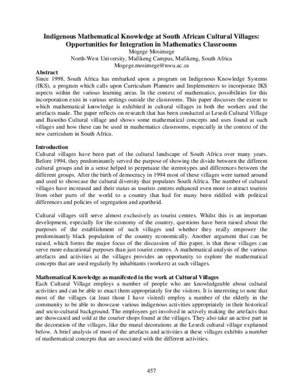 (PDF) Indigenous Mathematical Knowledge at South African Cultural Villages: Opportunities for ...