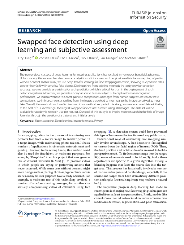 (PDF) Swapped face detection using deep learning and subjective assessment