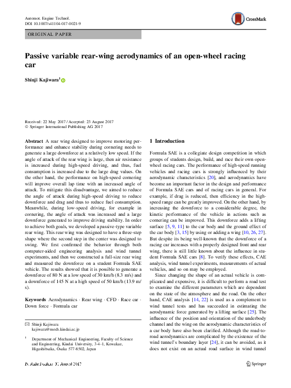 (PDF) Passive variable rear-wing aerodynamics of an open-wheel racing car