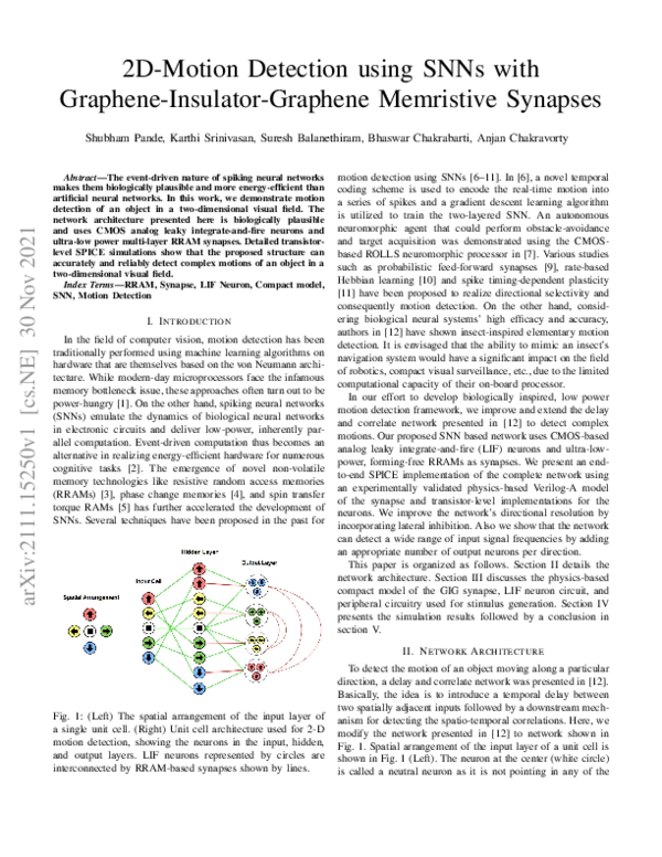 Pdf 2d Motion Detection Using Snns With Graphene Insulator Graphene Memristive Synapses
