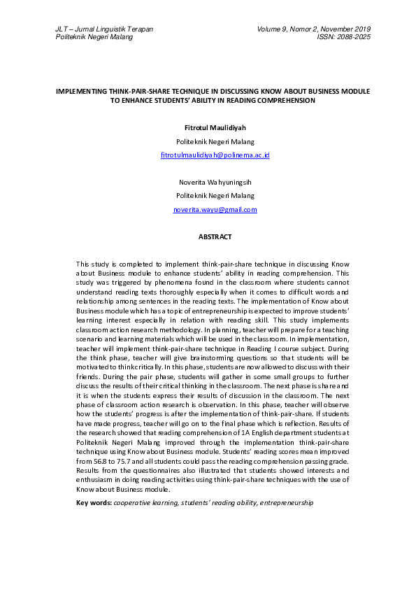 (PDF) Implementing Think-Pair-Share Technique In Discussing Know About Business Module To ...