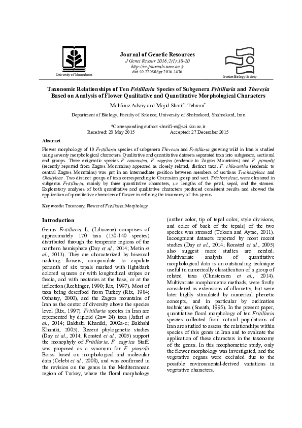 (PDF) Taxonomic Relationships of Ten Fritillaria Species of Subgenera ...