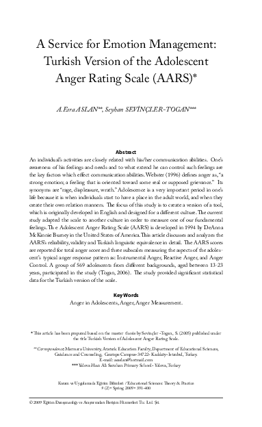 (PDF) A Service for Emotion Management: Turkish Version of the ...