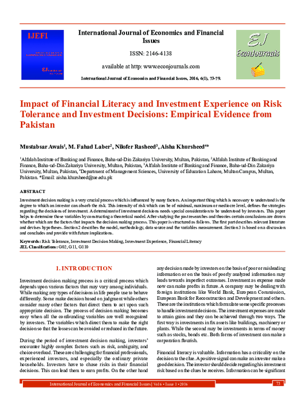 (PDF) Impact of Financial Literacy and Investment Experience on Risk ...