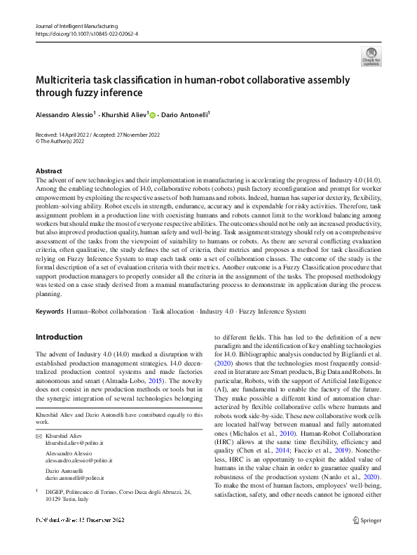 Pdf Multicriteria Task Classification In Human Robot Collaborative Assembly Through Fuzzy