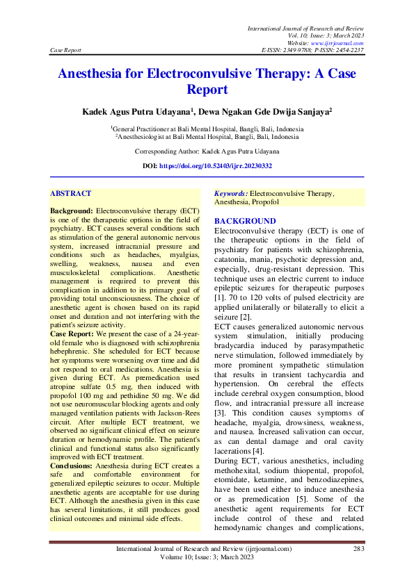 (PDF) Anesthesia for Electroconvulsive Therapy: A Case Report