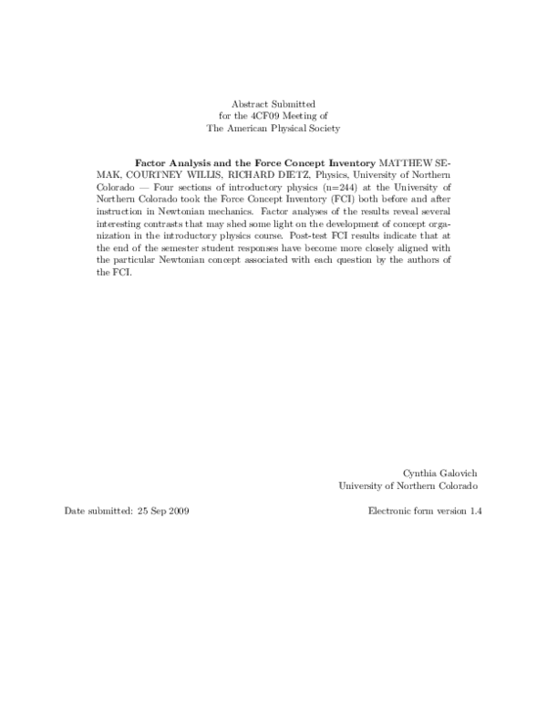 (PDF) Factor Analysis and the Force Concept Inventory | Matthew Semak - Academia.edu