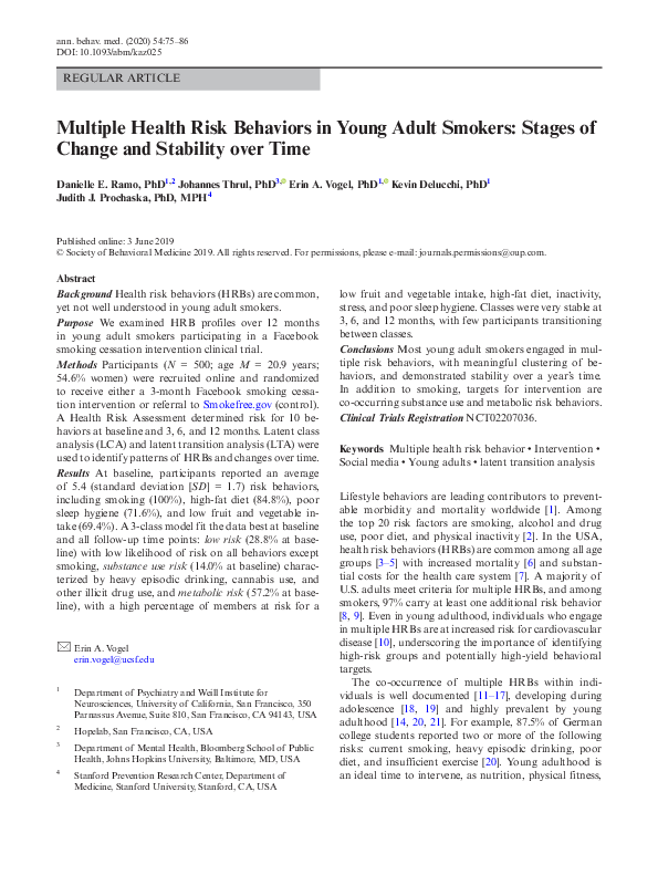 (PDF) Multiple Health Risk Behaviors in Young Adult Smokers: Stages of ...
