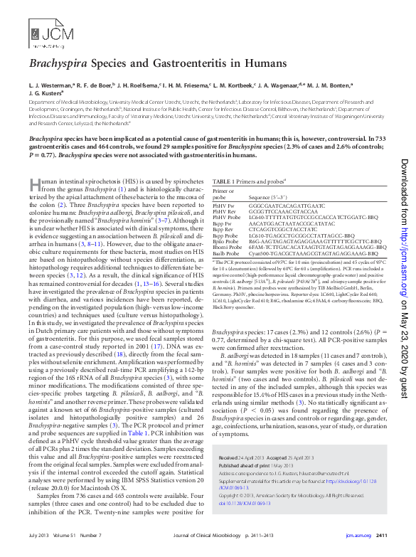 (PDF) Brachyspira Species and Gastroenteritis in Humans