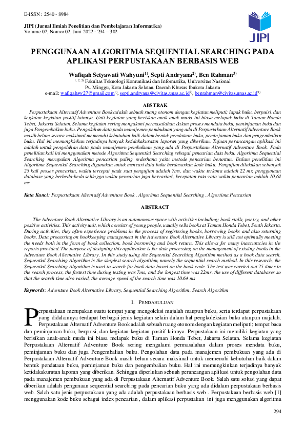 Pdf Penggunaan Algoritma Sequential Searching Pada Aplikasi Perpustakaan Berbasis Web
