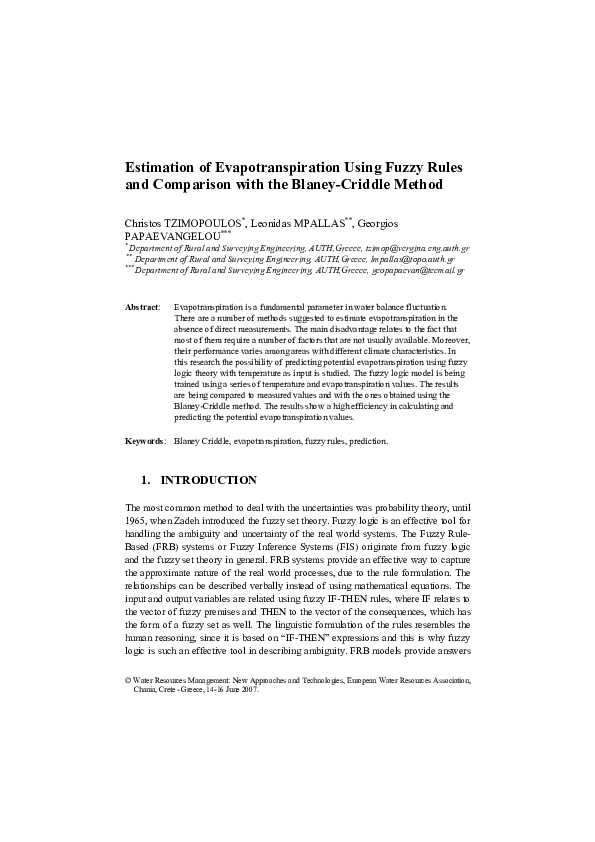 (PDF) Estimation of Evapotranspiration Using Fuzzy Systems and ...