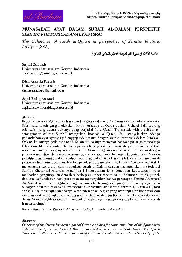 (PDF) Munasabah Ayat dalam Surah Al-Qalam Perspektif Semitic Rhetorical Analysis (SRA)