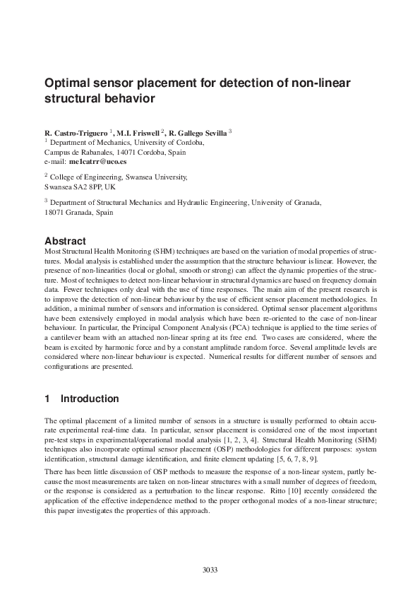 Pdf Optimal Sensor Placement For Detection Of Non Linear Structural