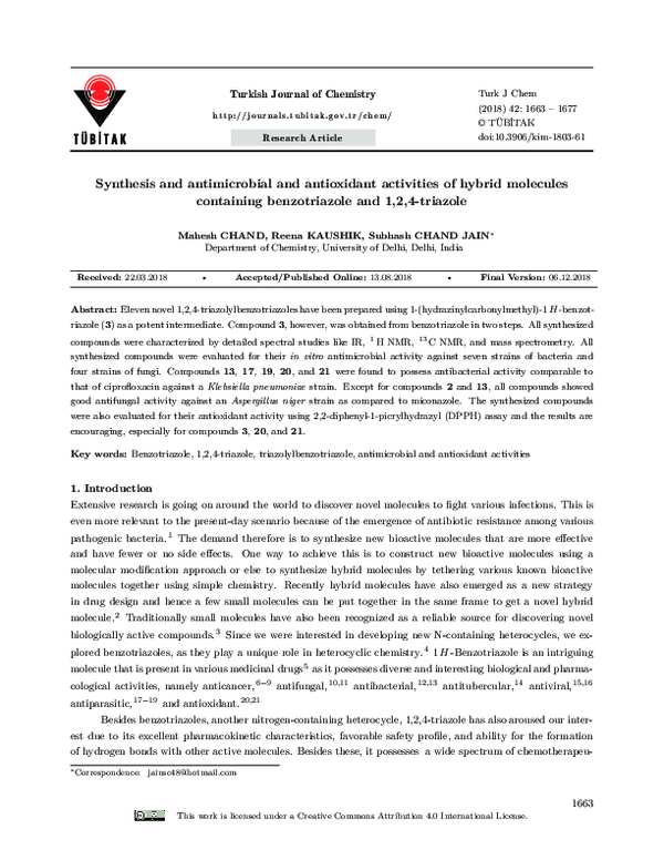 (PDF) Synthesis and antimicrobial and antioxidant activities of hybrid molecules containing ...