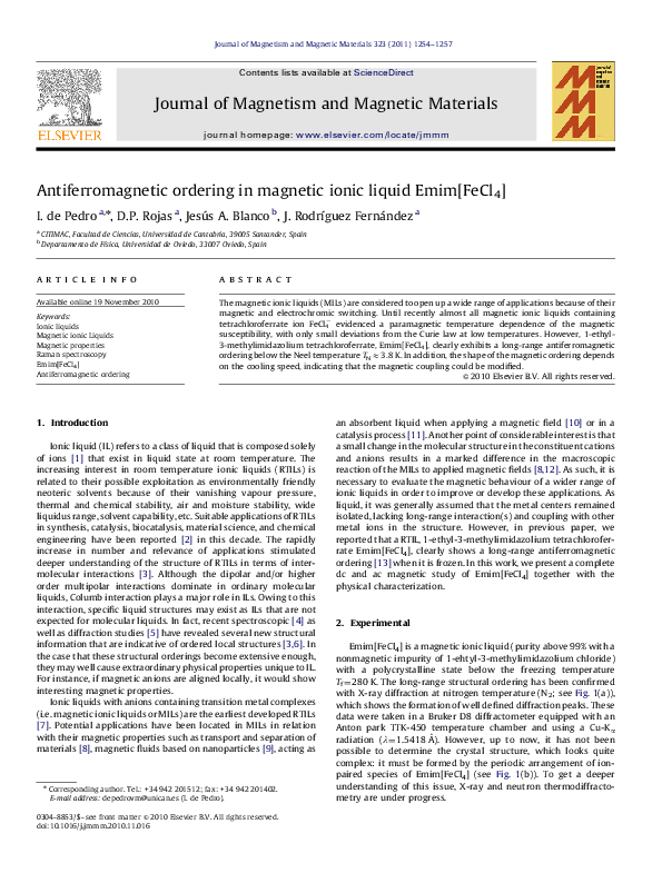 (PDF) Antiferromagnetic ordering in magnetic ionic liquid Emim[FeCl4]