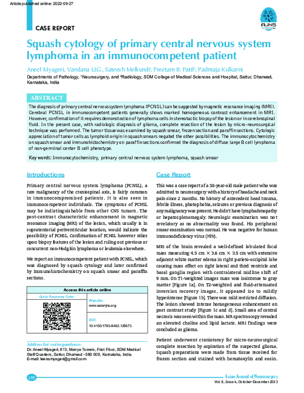 (PDF) Squash cytology of primary central nervous system lymphoma in an immunocompetent patient