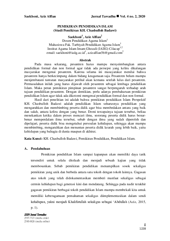 (PDF) PEMIKIRAN PENDIDIKAN ISLAM (Studi Pemikiran KH. Chasbulloh Badawi)